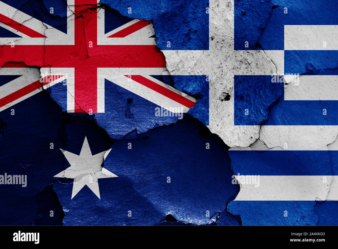 flags of Australia and Greece painted on cracked wall Stock Photo - Alamy