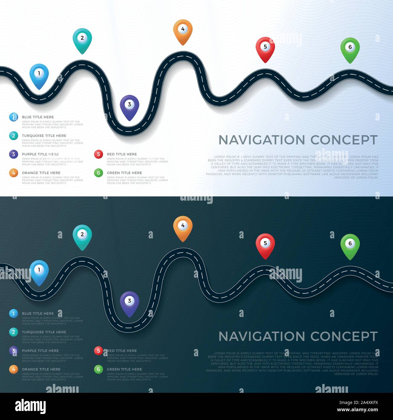 Road way location infographic template with pin pointer. Winding road ...