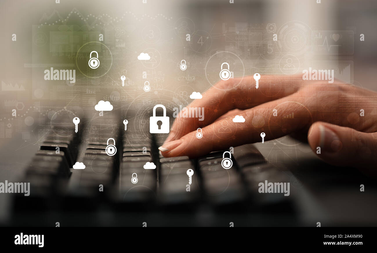 Business woman hand typing on keyboard with secured lock concept around ...