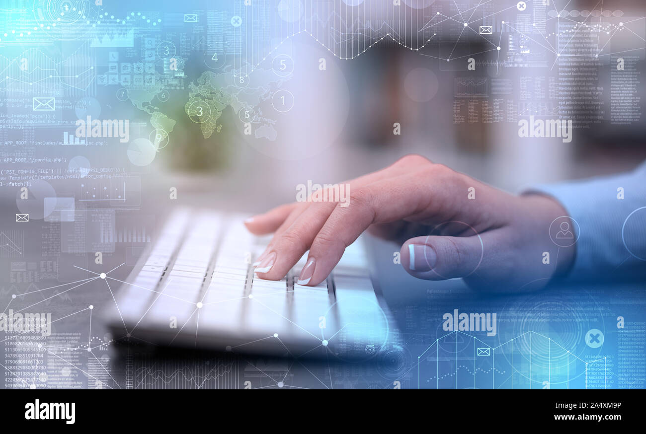 Business woman hand typing on keyboard with international system ...