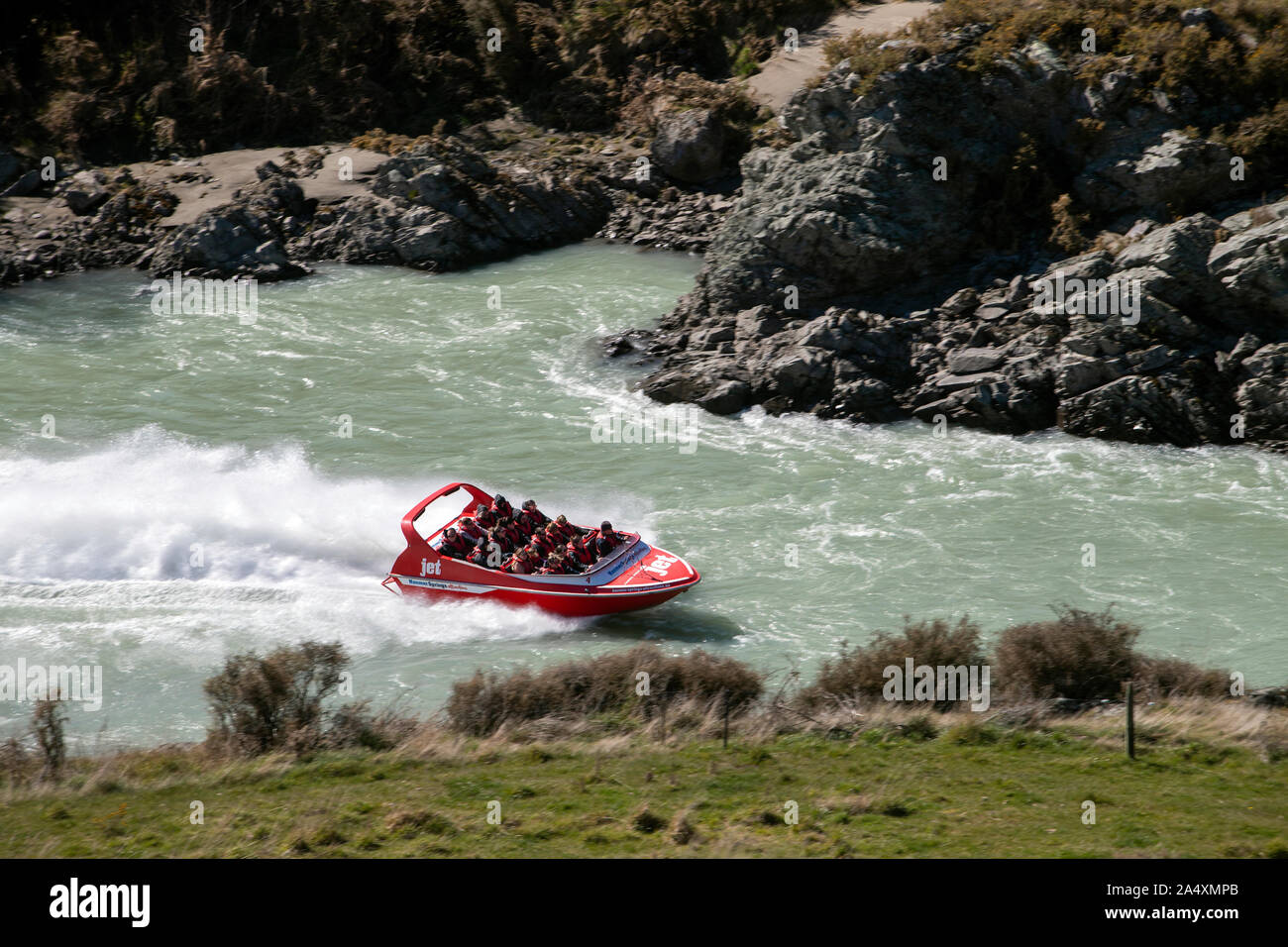 Jet boat on Waiau River, Hanmer Springs, New Zealand Stock Photo - Alamy