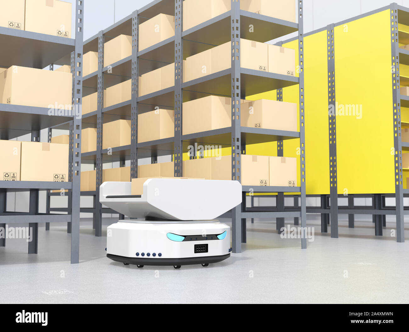 Autonomous Mobile Robots parking in front of shelves. Warehouse ...