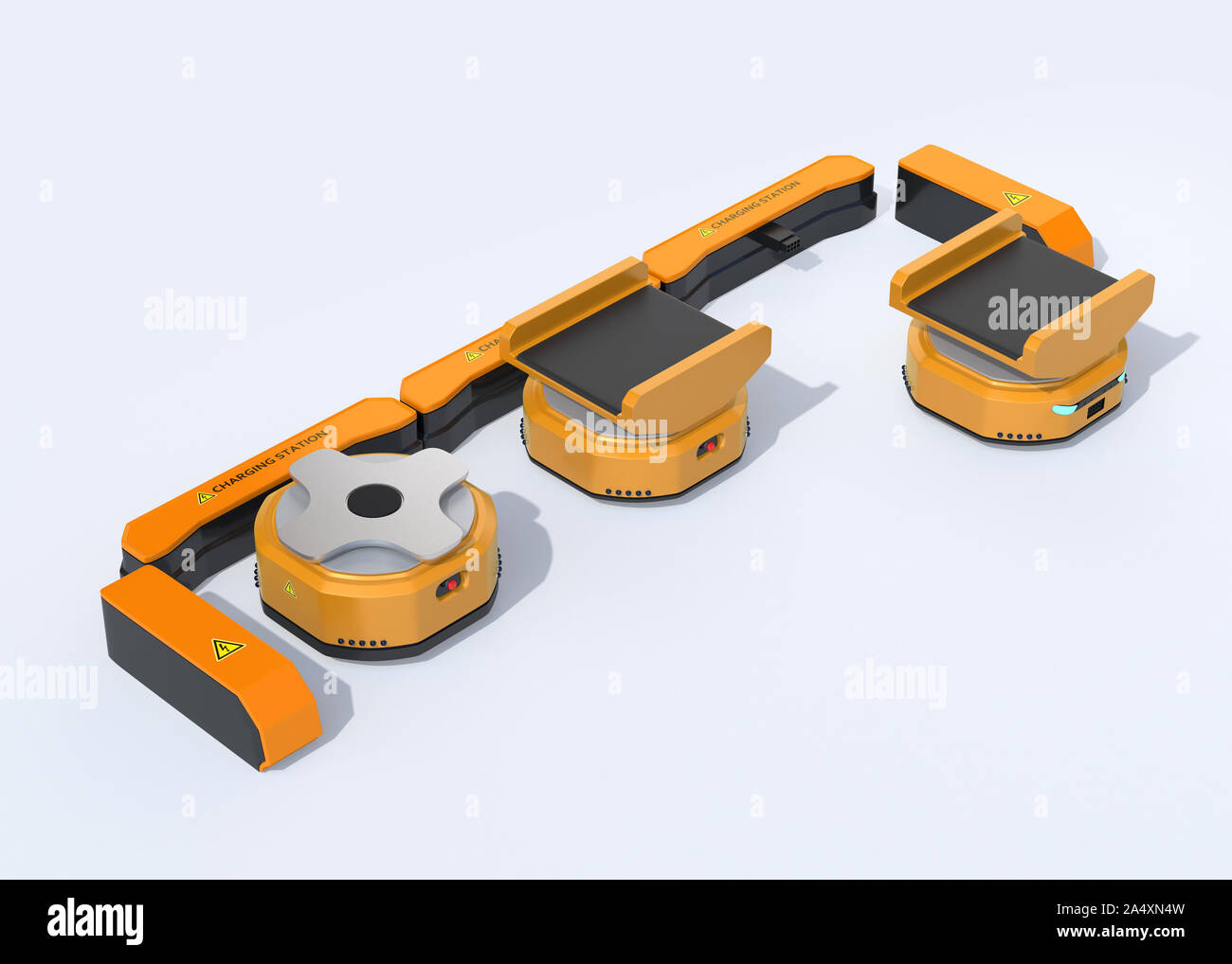 Autonomous Mobile Robots charging in charging station. Warehouse ...