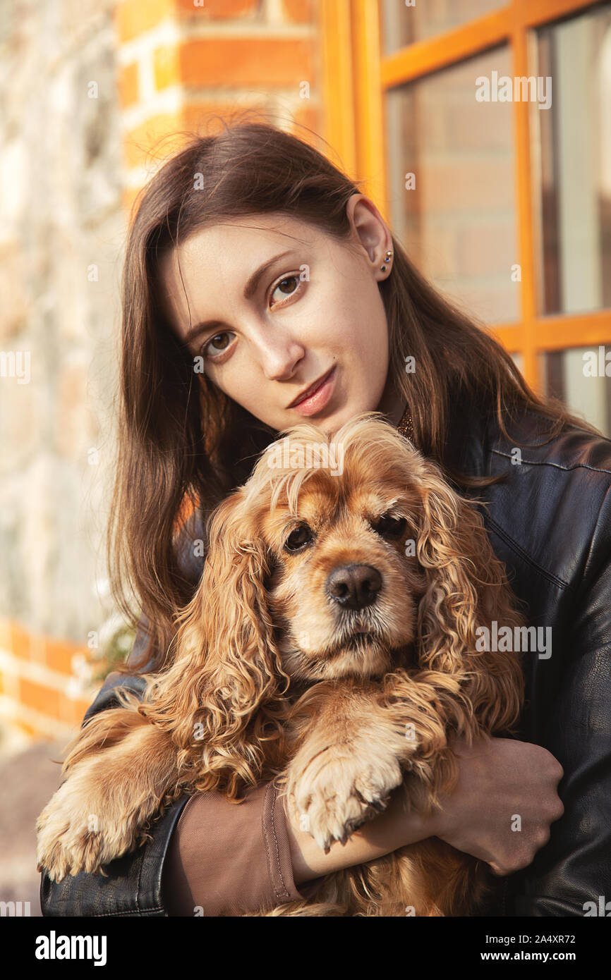 woman with american cocker spaniel sitting hugs Stock Photo - Alamy