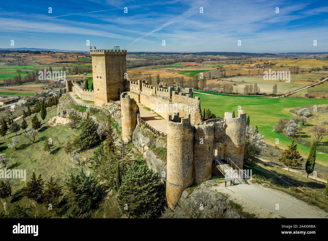Penaranda de Duero aerial view of medieval castle, donjon, medieval ...