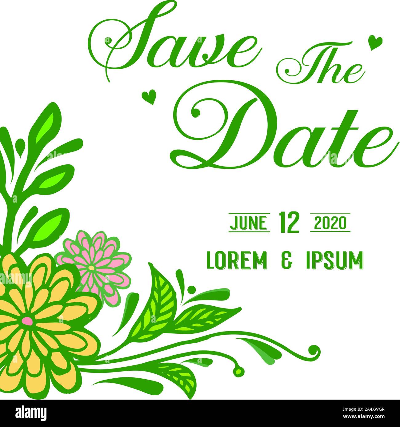 Save the date handwritten, with colorful flower frame background ...