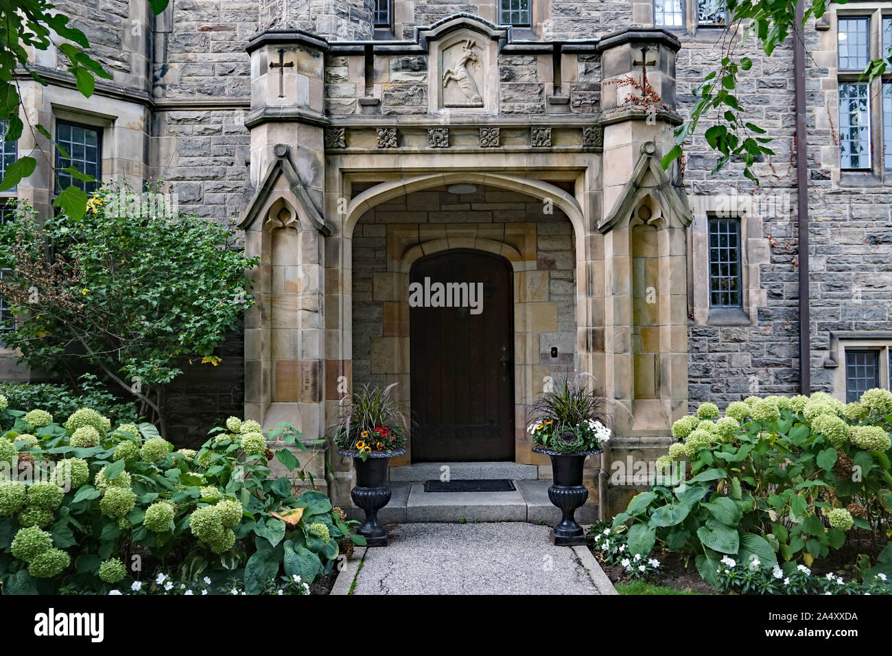 Stone portico entrance of gothic style college building surrounded by ...