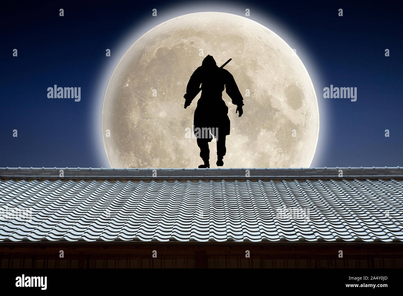 Japanese Ninja with shining full moon Stock Photo - Alamy