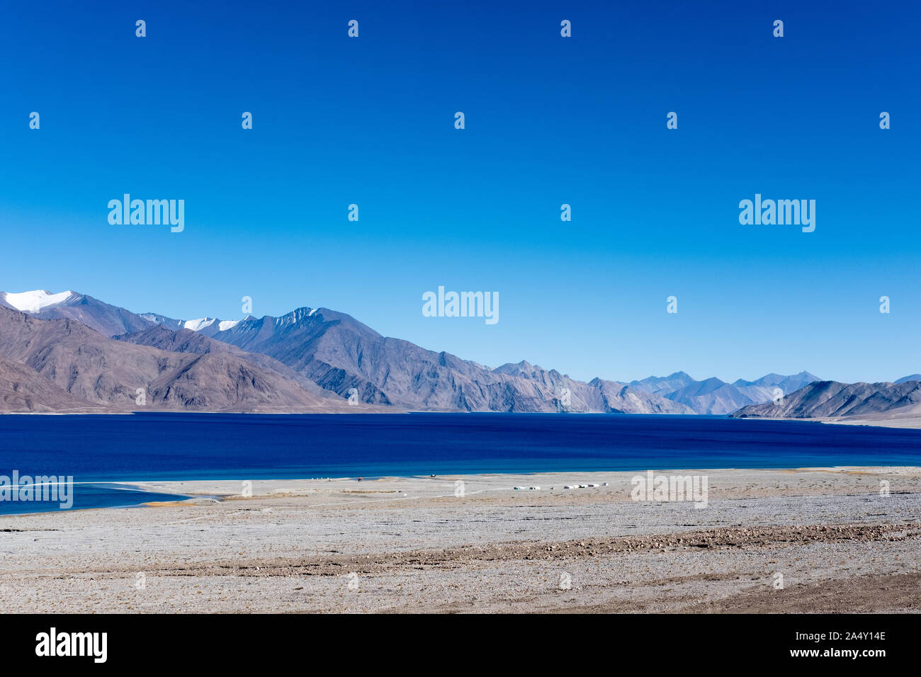 Landscape image of Pangong lake with mountains view and blue sky ...