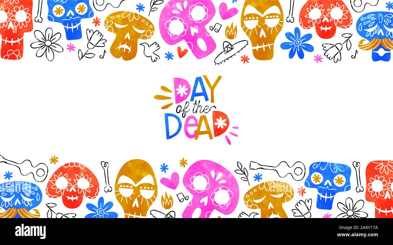 Day of the dead greeting card illustration, colorful watercolor sugar ...