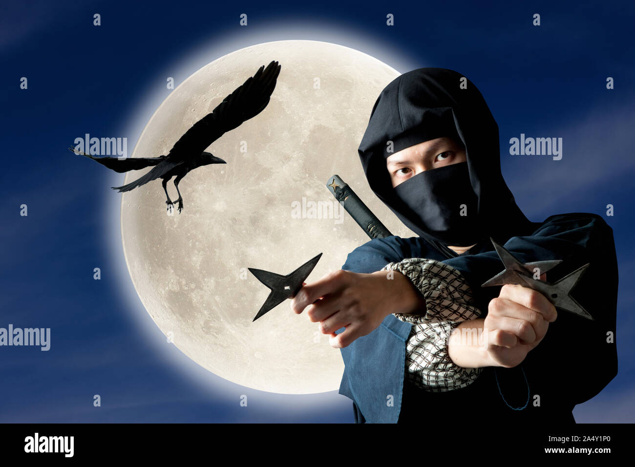 Japanese Ninja with shining full moon Stock Photo - Alamy