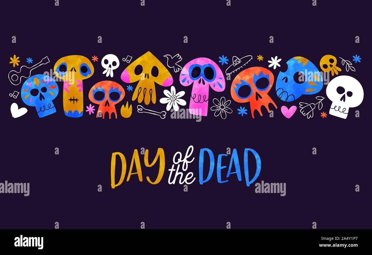 Day of the dead greeting card illustration, colorful watercolor sugar ...