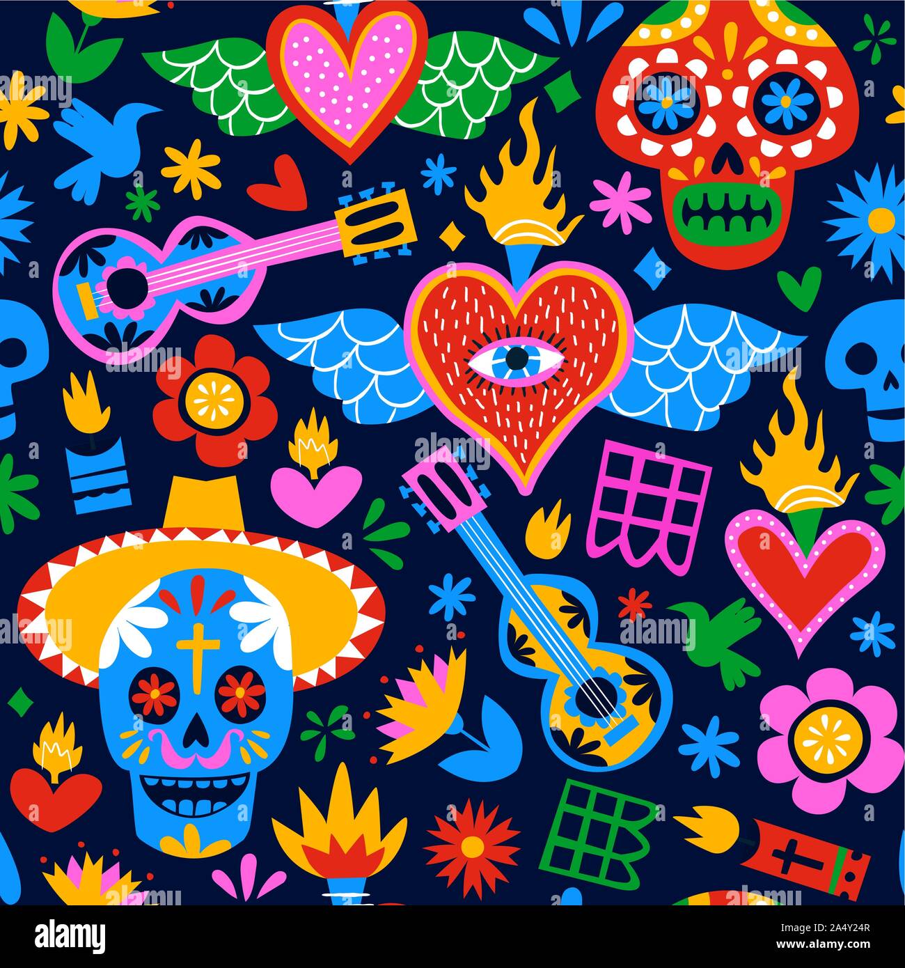 Day of the dead seamless pattern with traditional mexico culture icons ...