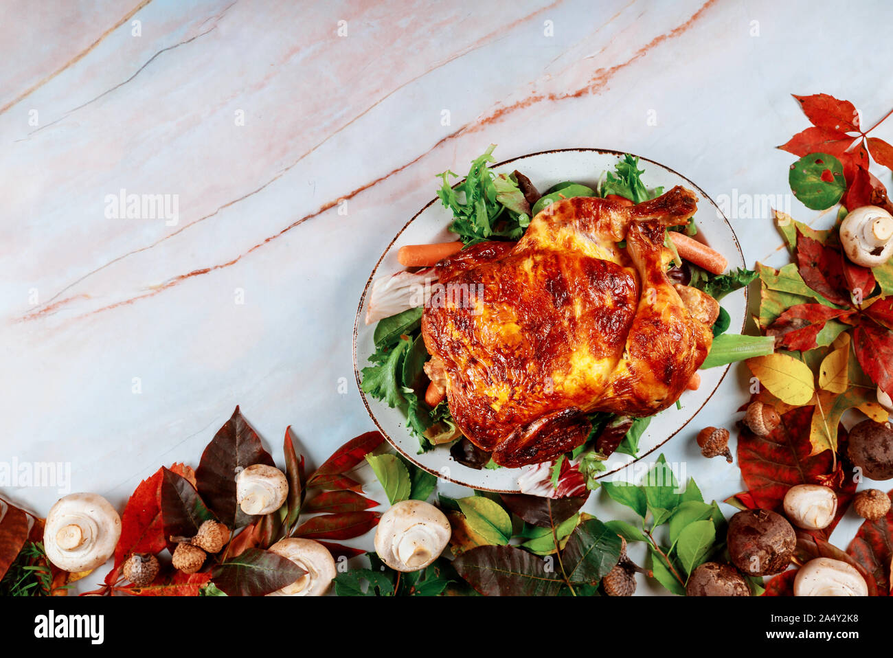 Thanksgiving celebration dinner with golden roast chicken Stock Photo ...