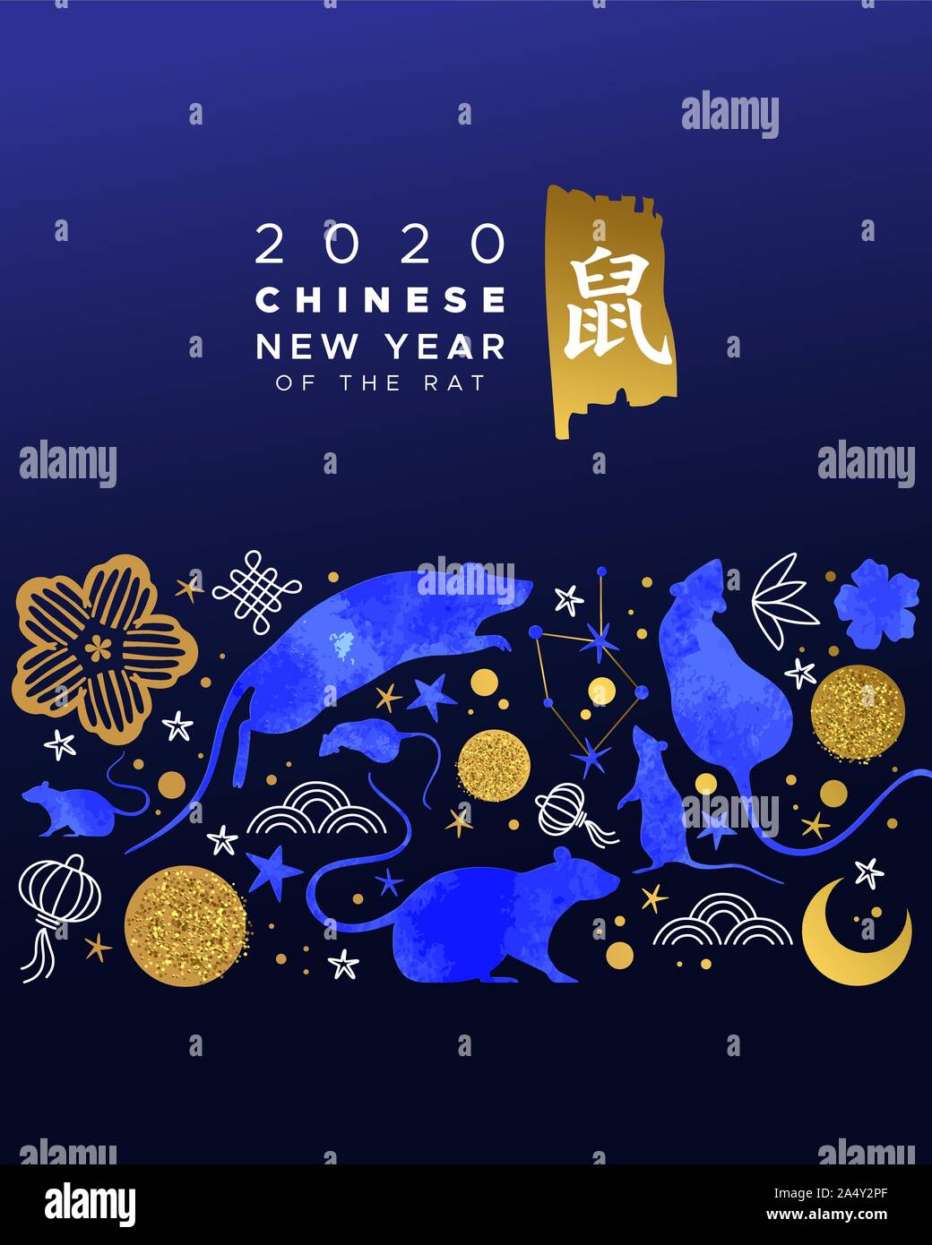 Chinese New Year 2020 greeting card of blue watercolor mouse animals ...