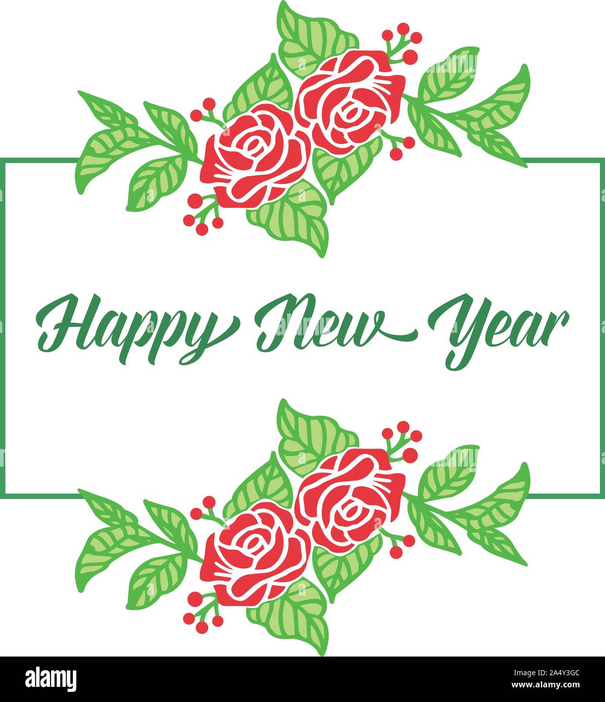 Celebration of greeting card happy new year, with red rose flower frame ...