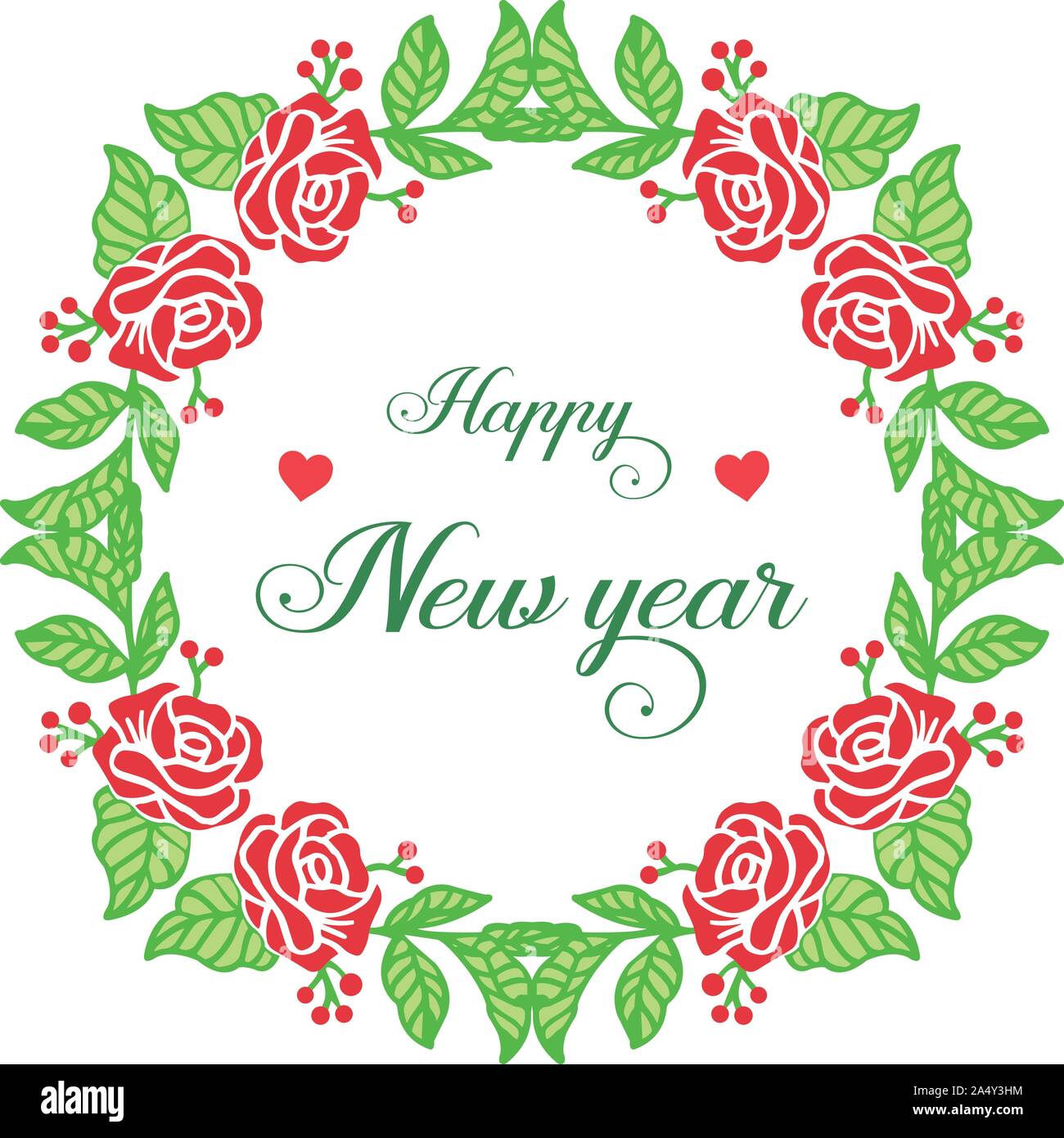 Concept of card happy new year with realistic red flower frame isolated ...