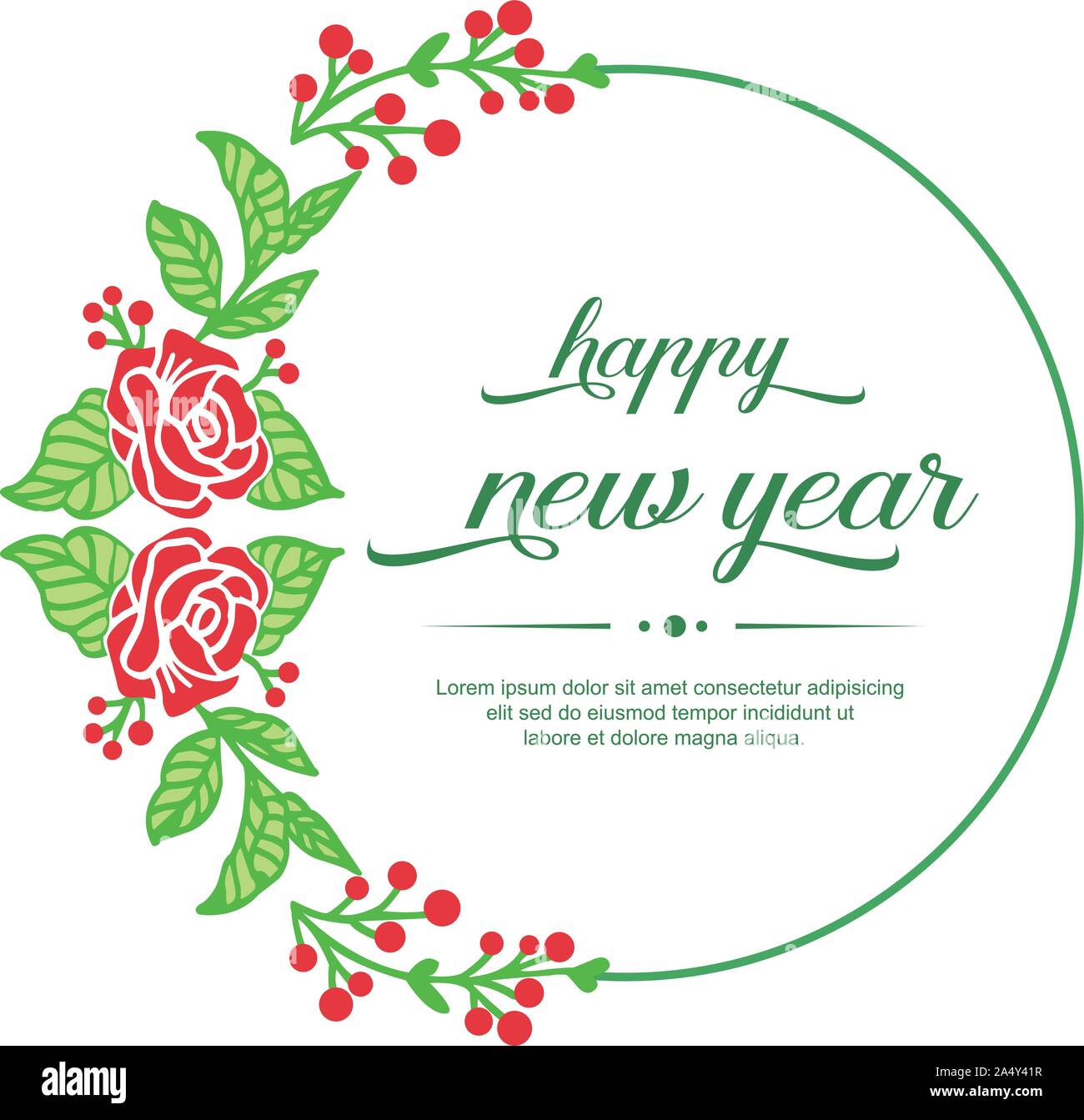 Celebration of greeting card happy new year, with red rose flower frame ...