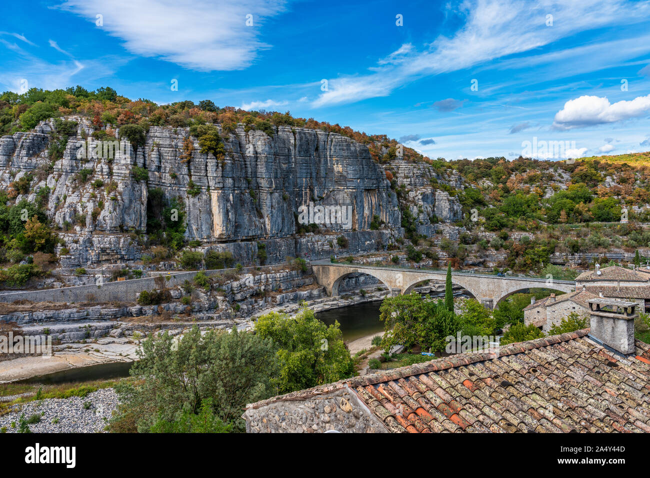 The bridge over the river Ardeche near the old village Balazuc in ...