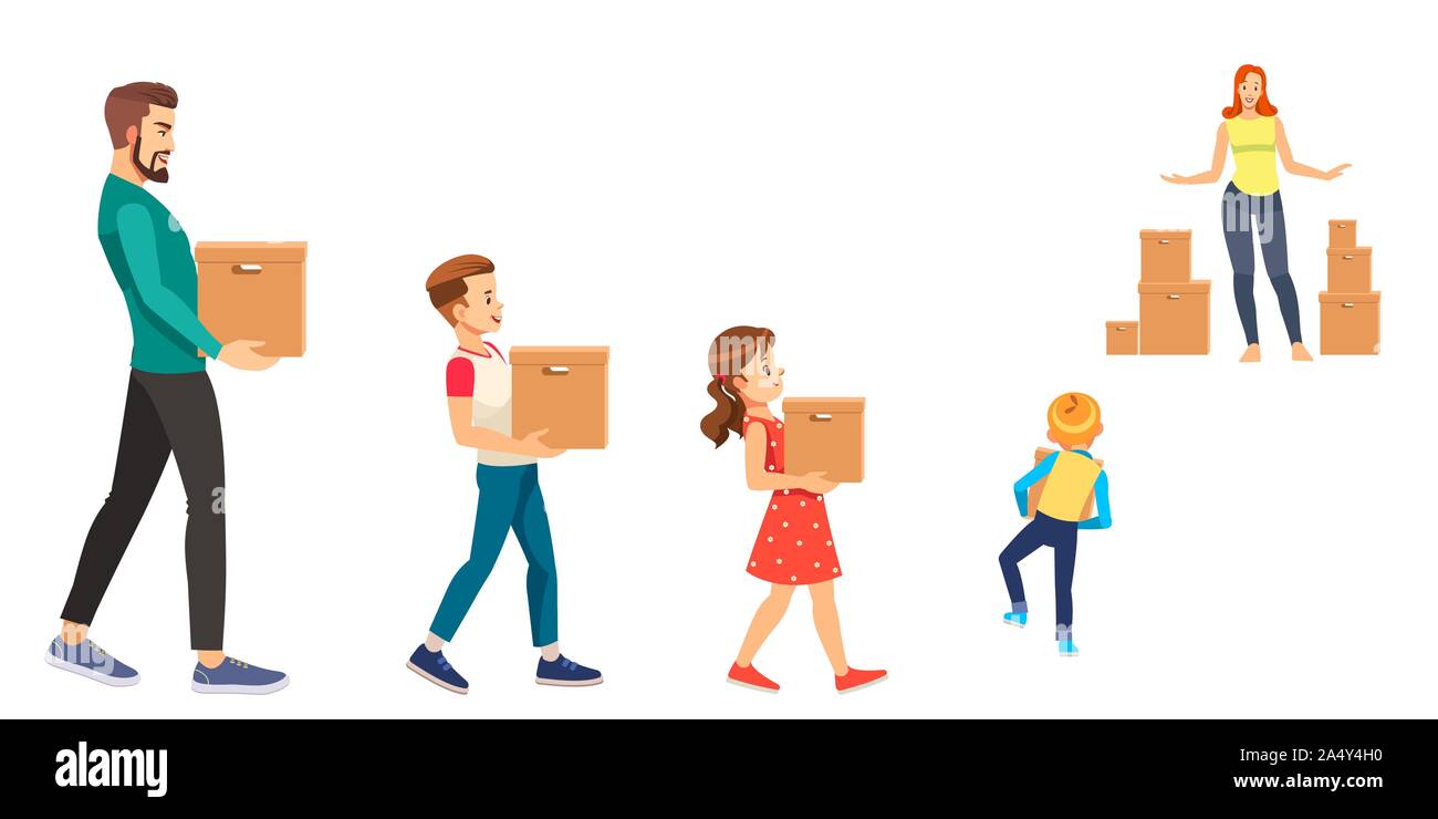 Illustration of a Stickman Family Carrying Cardboard Boxes Moving In ...