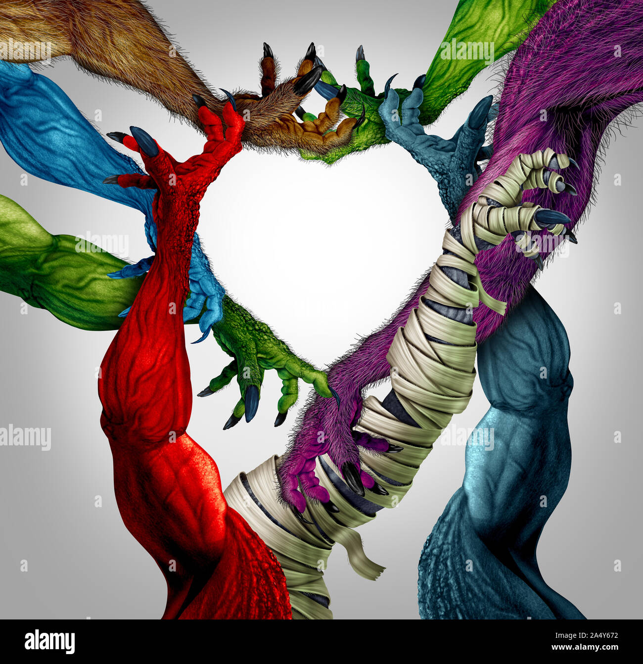 Monster arm heart shape with zombie beast hands and creepy demon ...