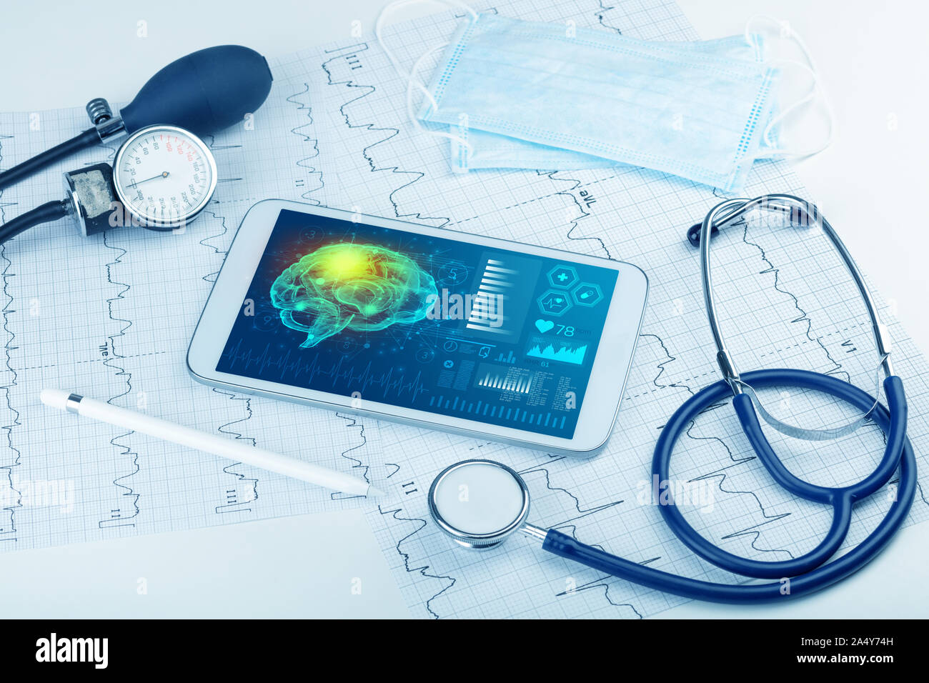 Brain functionality report with medical devices around Stock Photo - Alamy