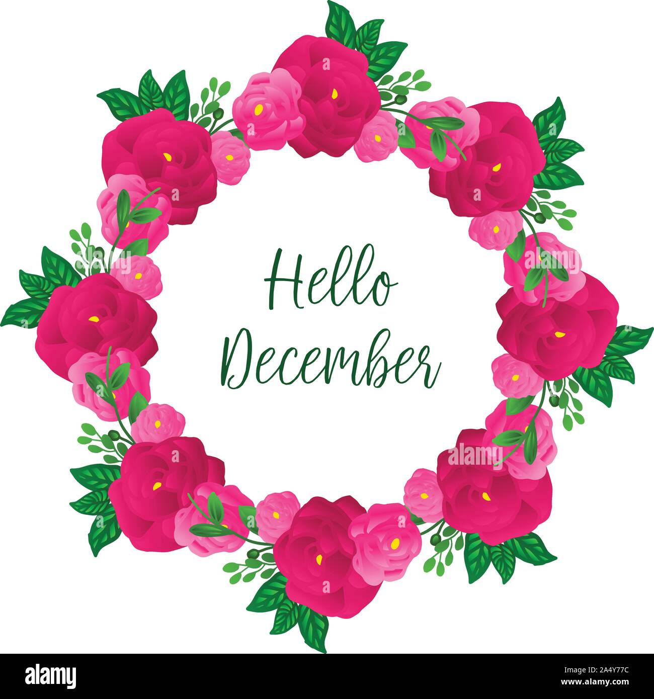 Design greeting card hello december, with crowd of pink rose flower ...