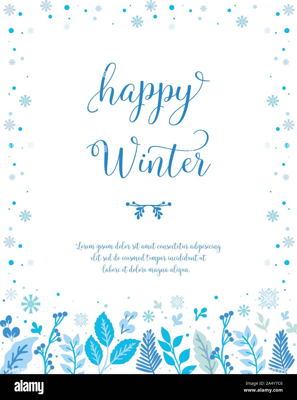 Design for banner or poster happy winter, with blue leaf flower frame ...