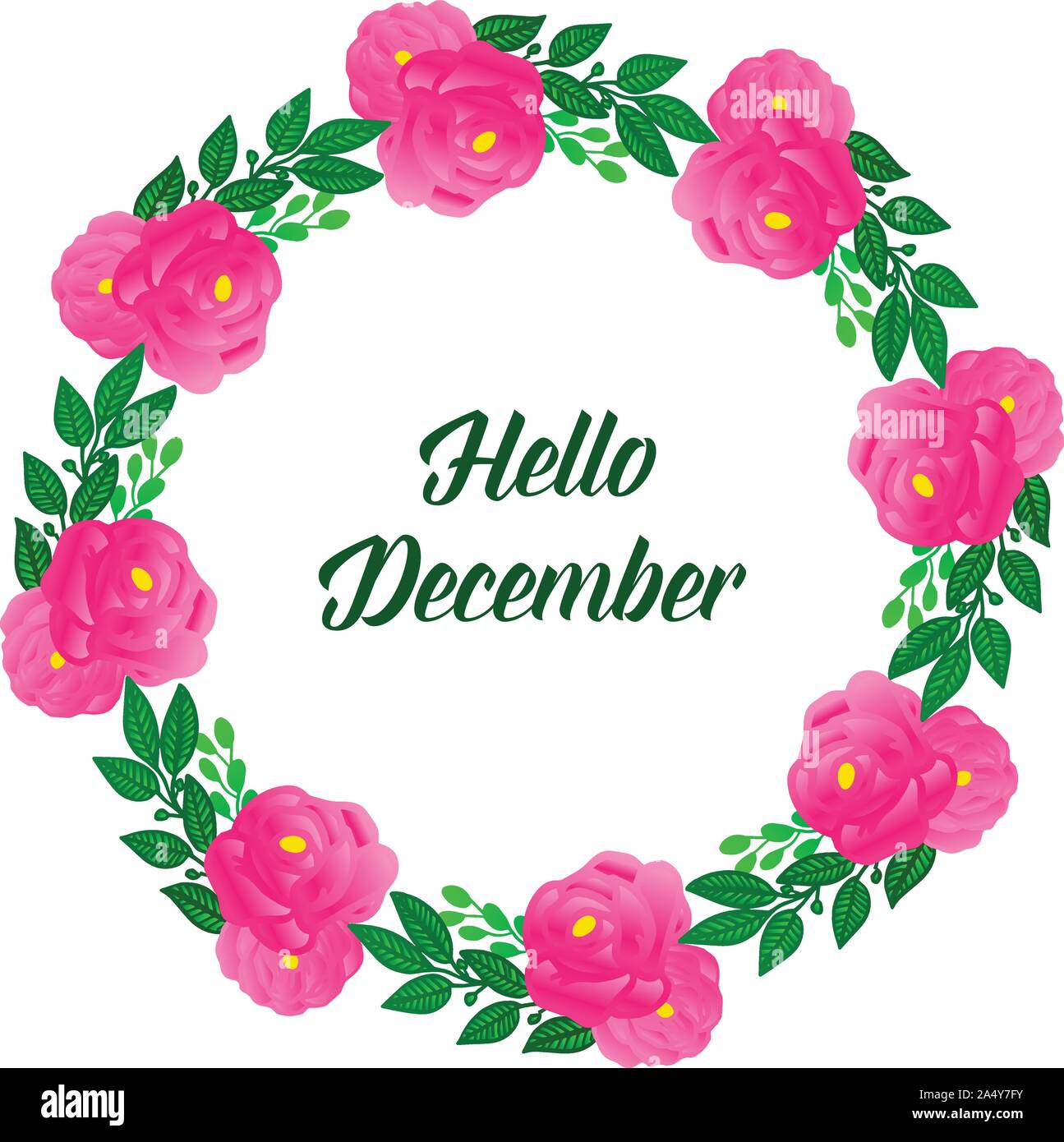 Lettering hello december hand drawn, with pink rose wreath frame ...