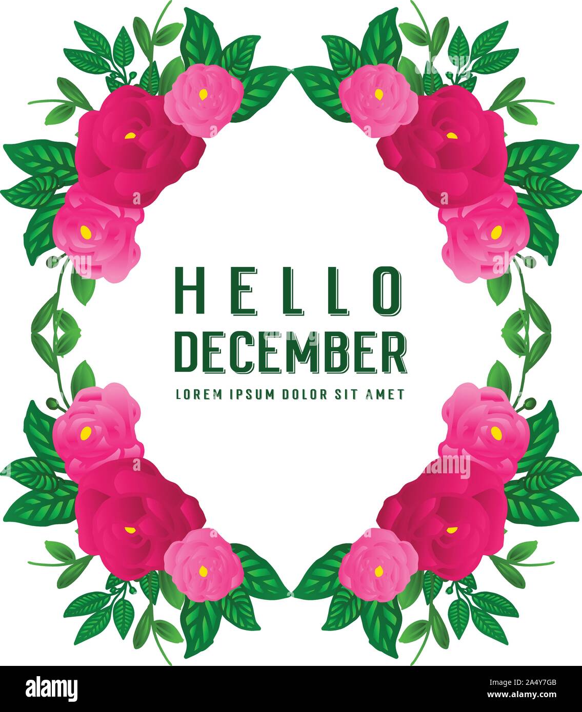 Design greeting card hello december, with crowd of pink rose flower ...
