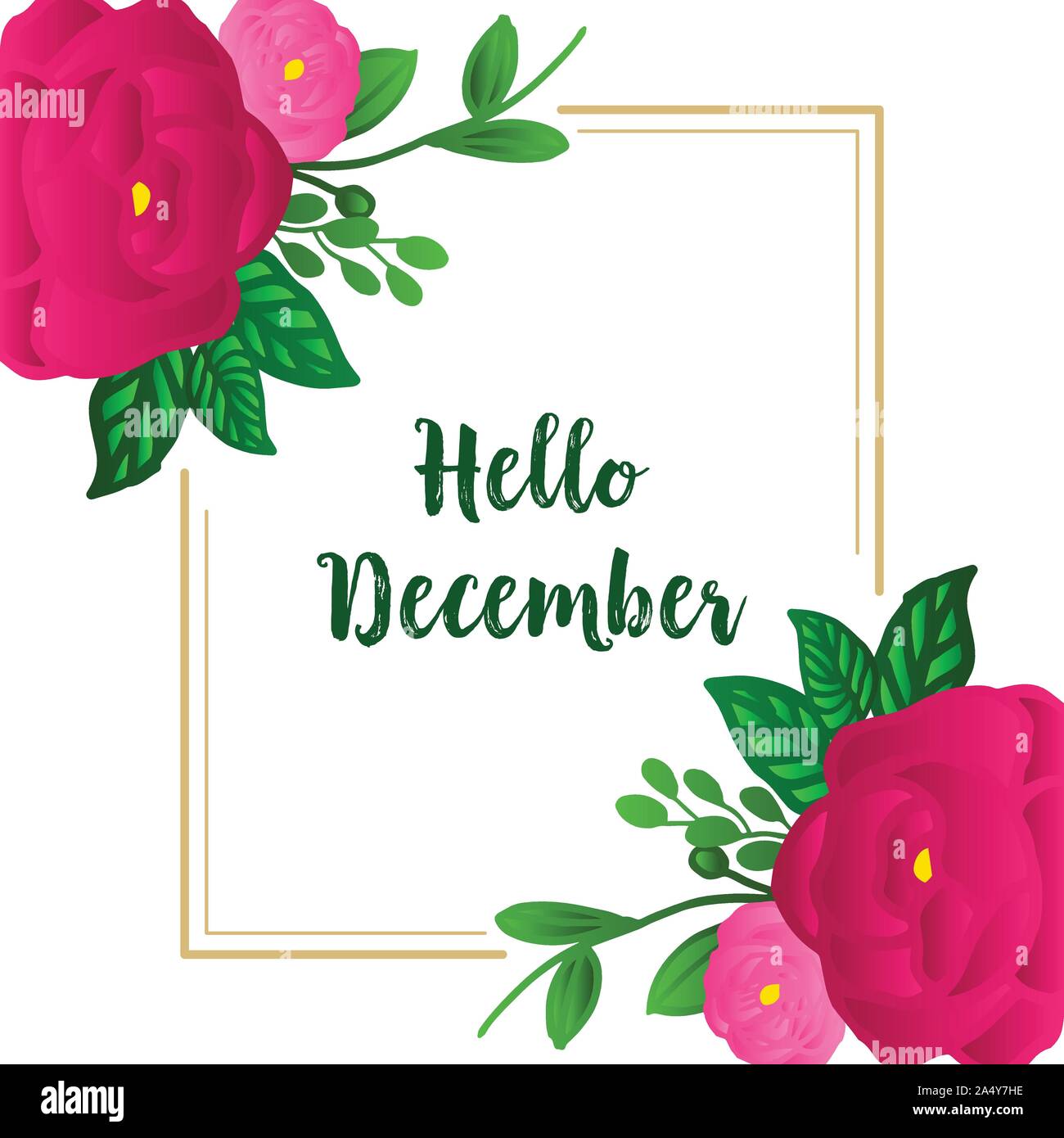 Lettering hello december hand drawn, with pink rose wreath frame ...