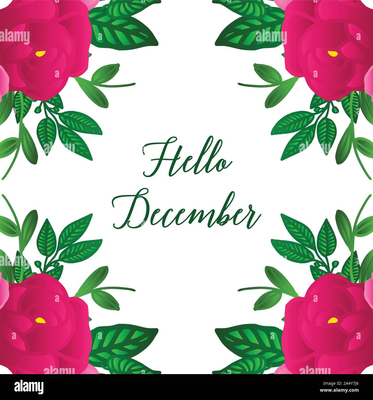 Lettering hello december hand drawn, with pink rose wreath frame ...