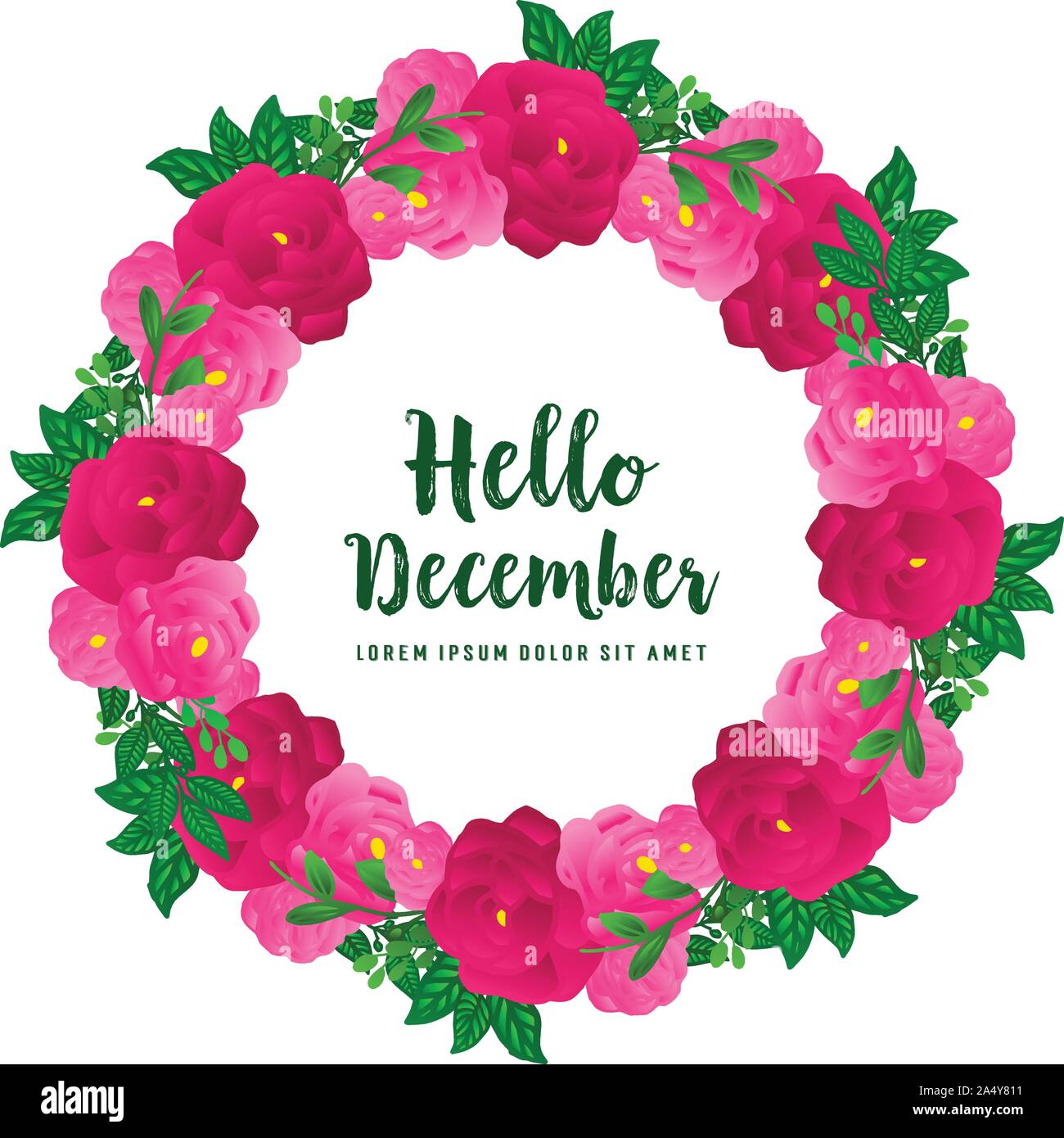 Design greeting card hello december, with crowd of pink rose flower ...