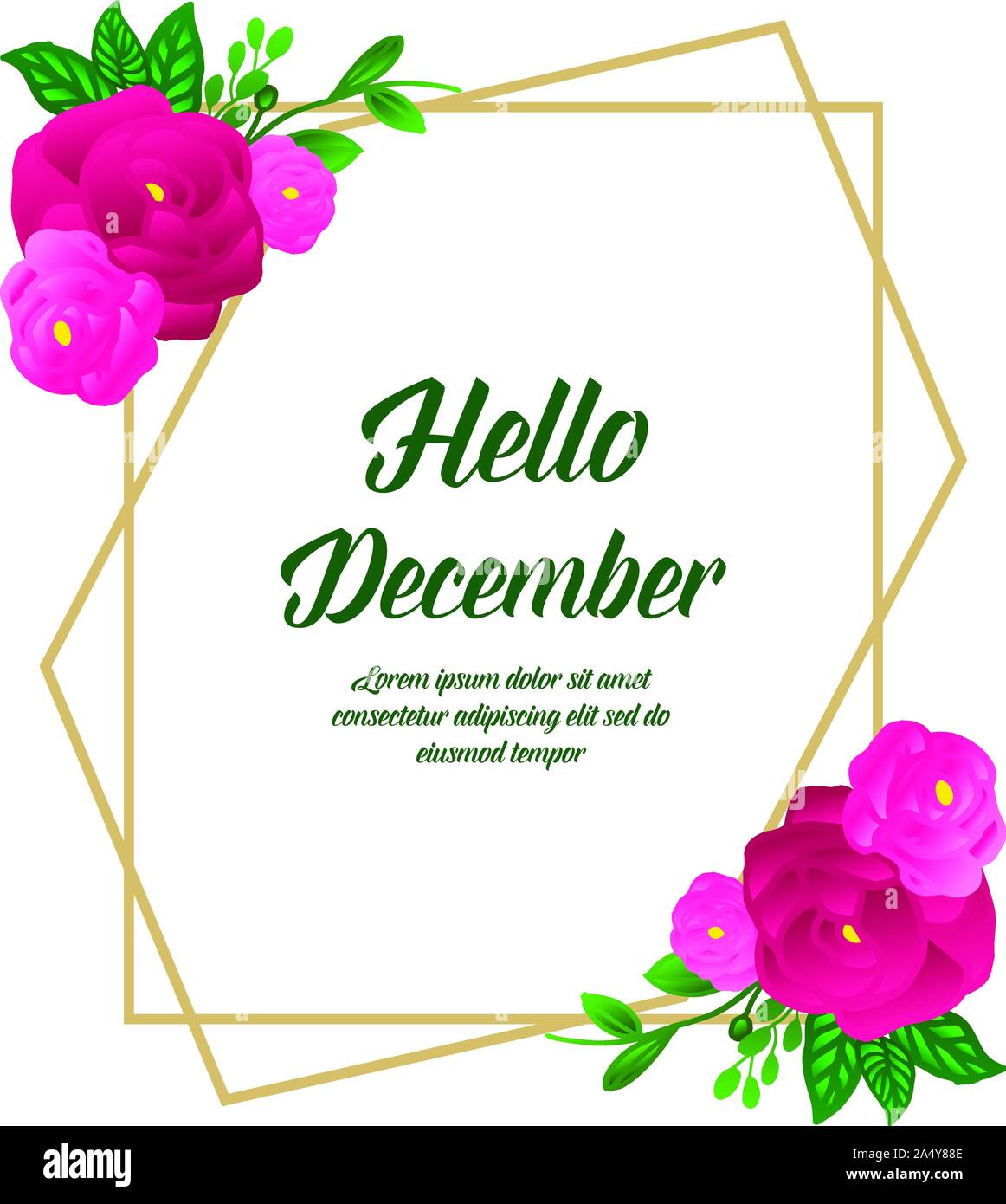 Design greeting card hello december, with crowd of pink rose flower ...