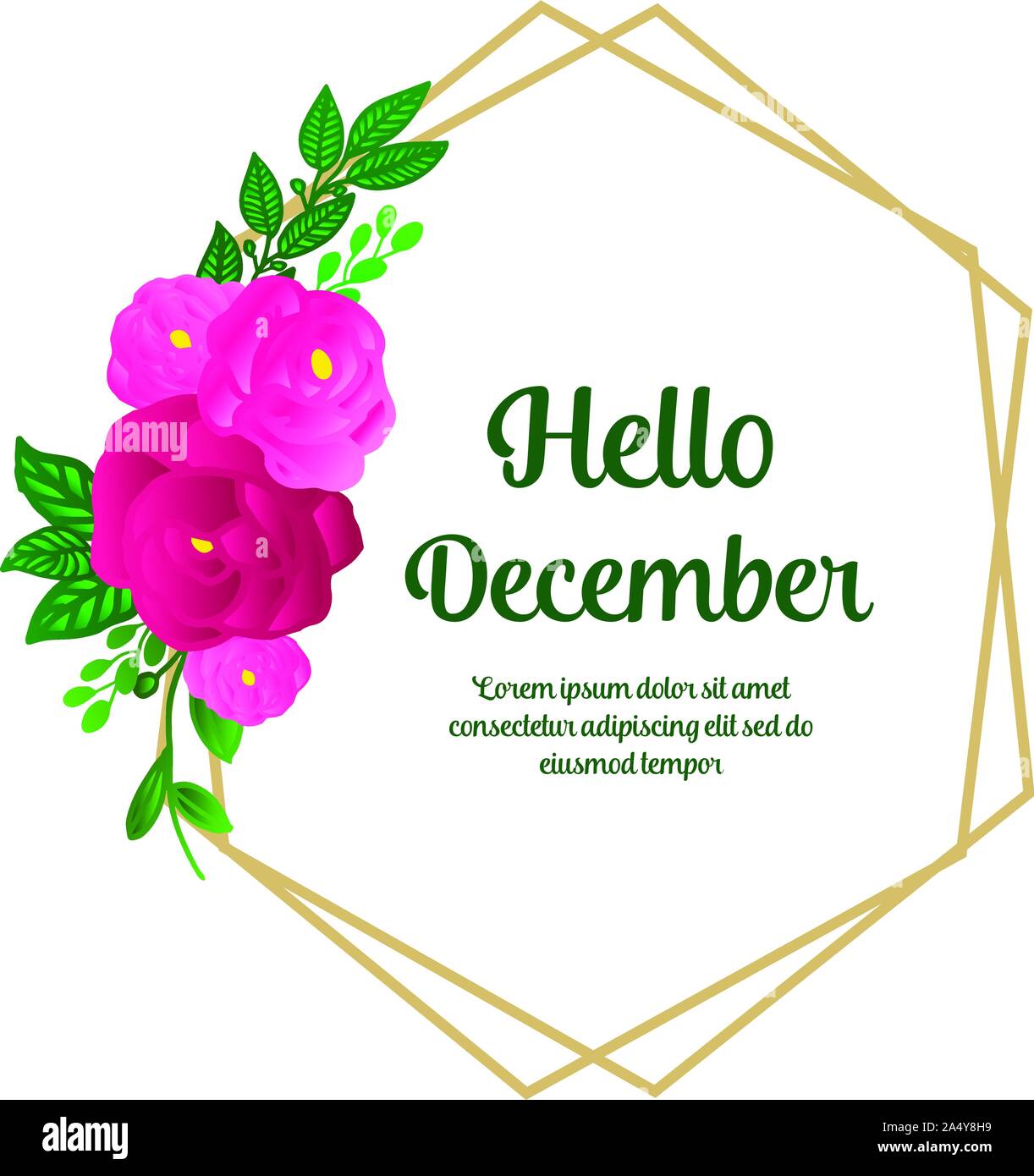 Lettering hello december hand drawn, with pink rose wreath frame ...