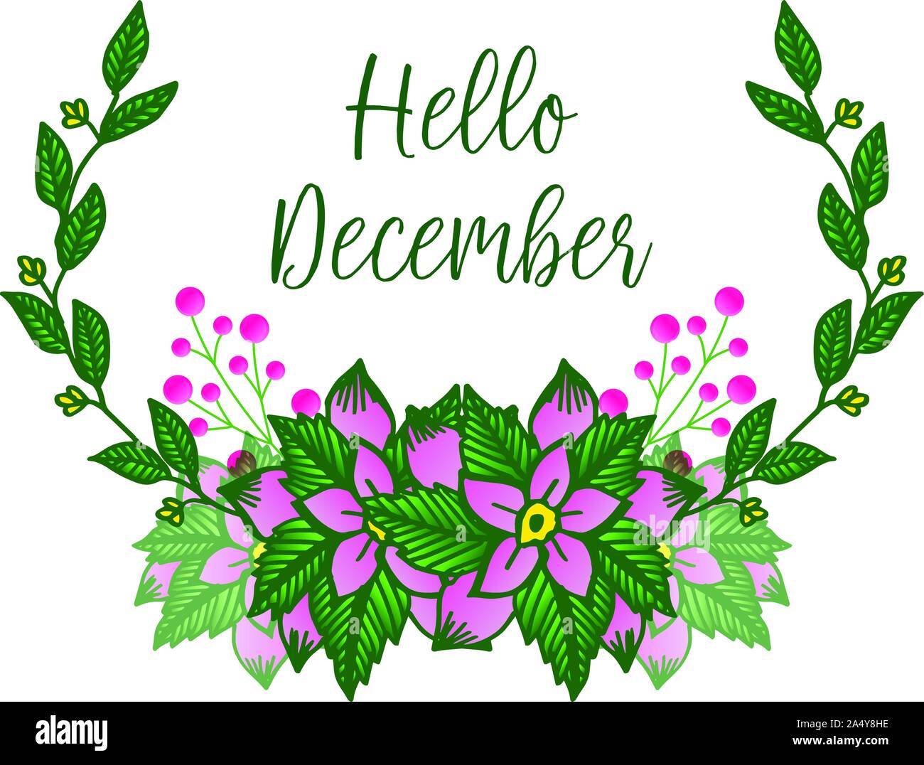 Lettering text hello december, with elegant green leafy flower frame ...