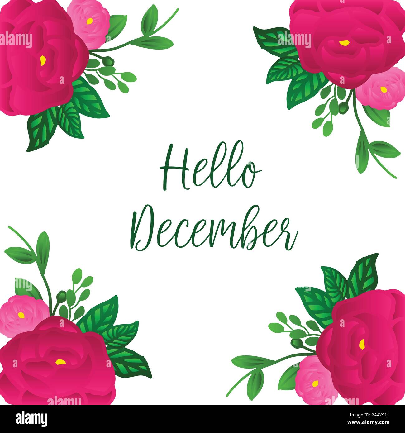 Lettering hello december hand drawn, with pink rose wreath frame ...