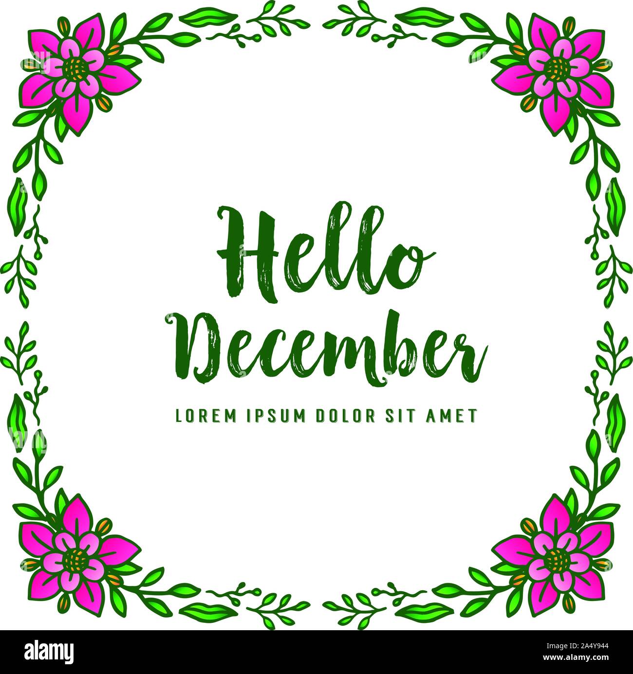 Template of card hello december, with ornament of pink wreath frame ...