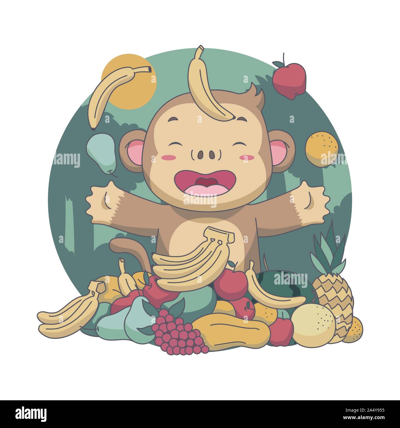 Cute Monkey Trow Fruits. Food Festival Vector Illustration Stock Vector ...