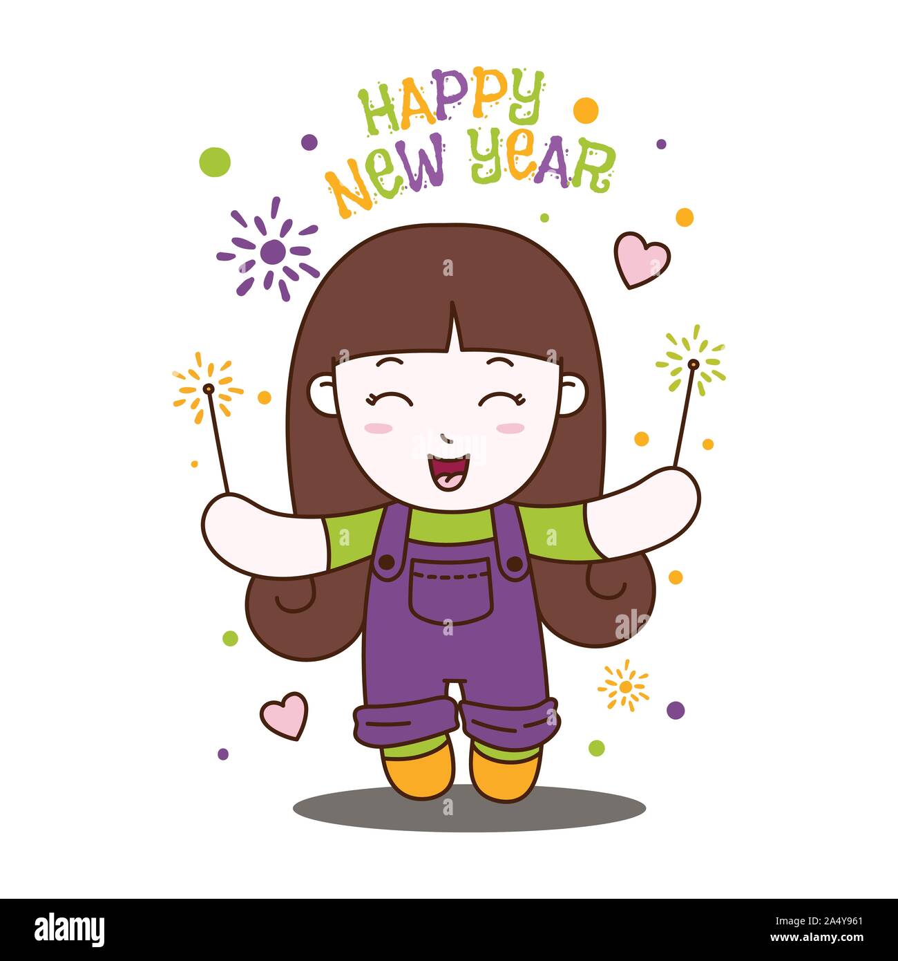 Cute Little Girl Celebrate Happy New Year Holiday. holding fireworks ...