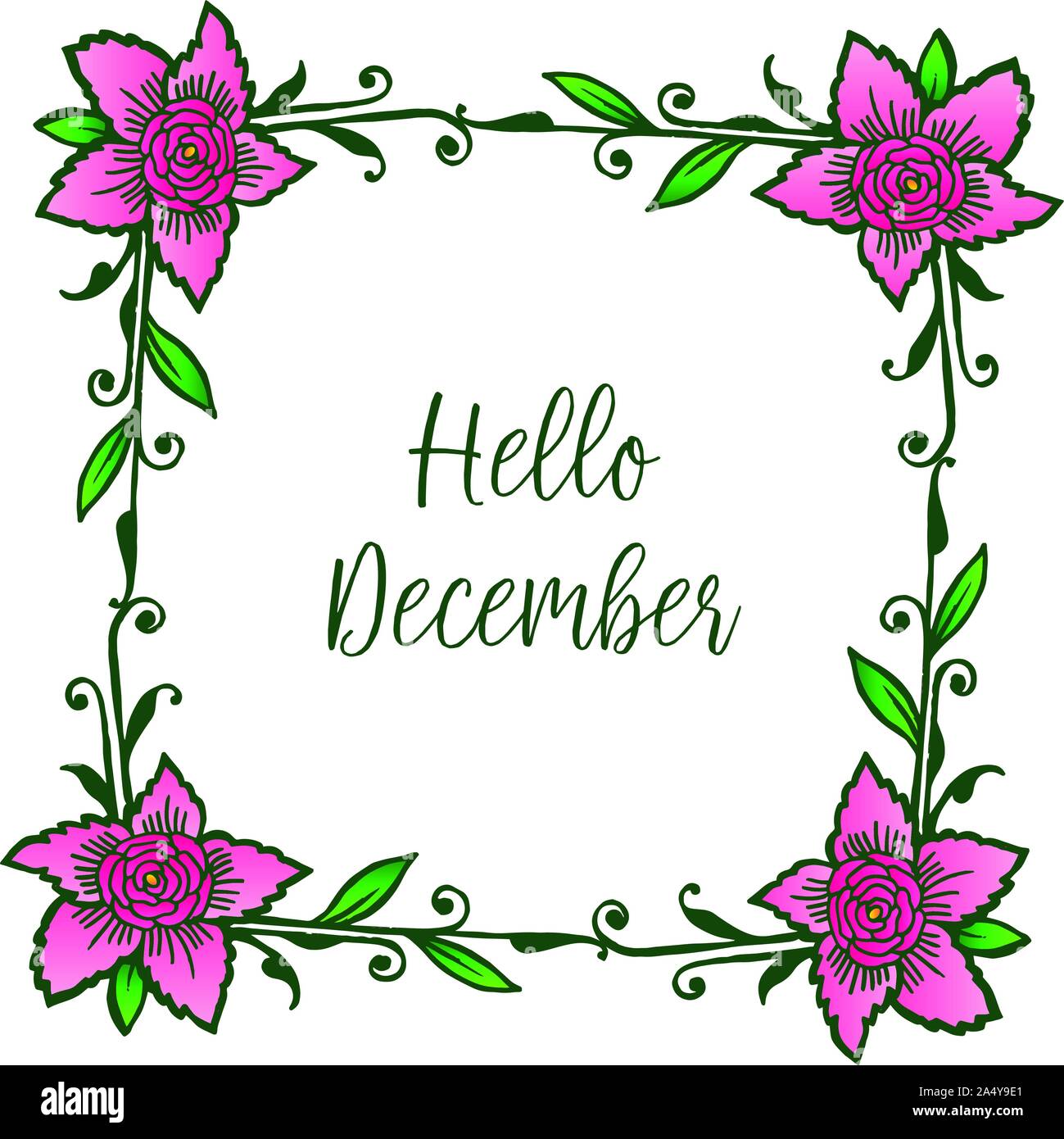 Modern greeting card hello december, with motif of leaf wreath frame ...