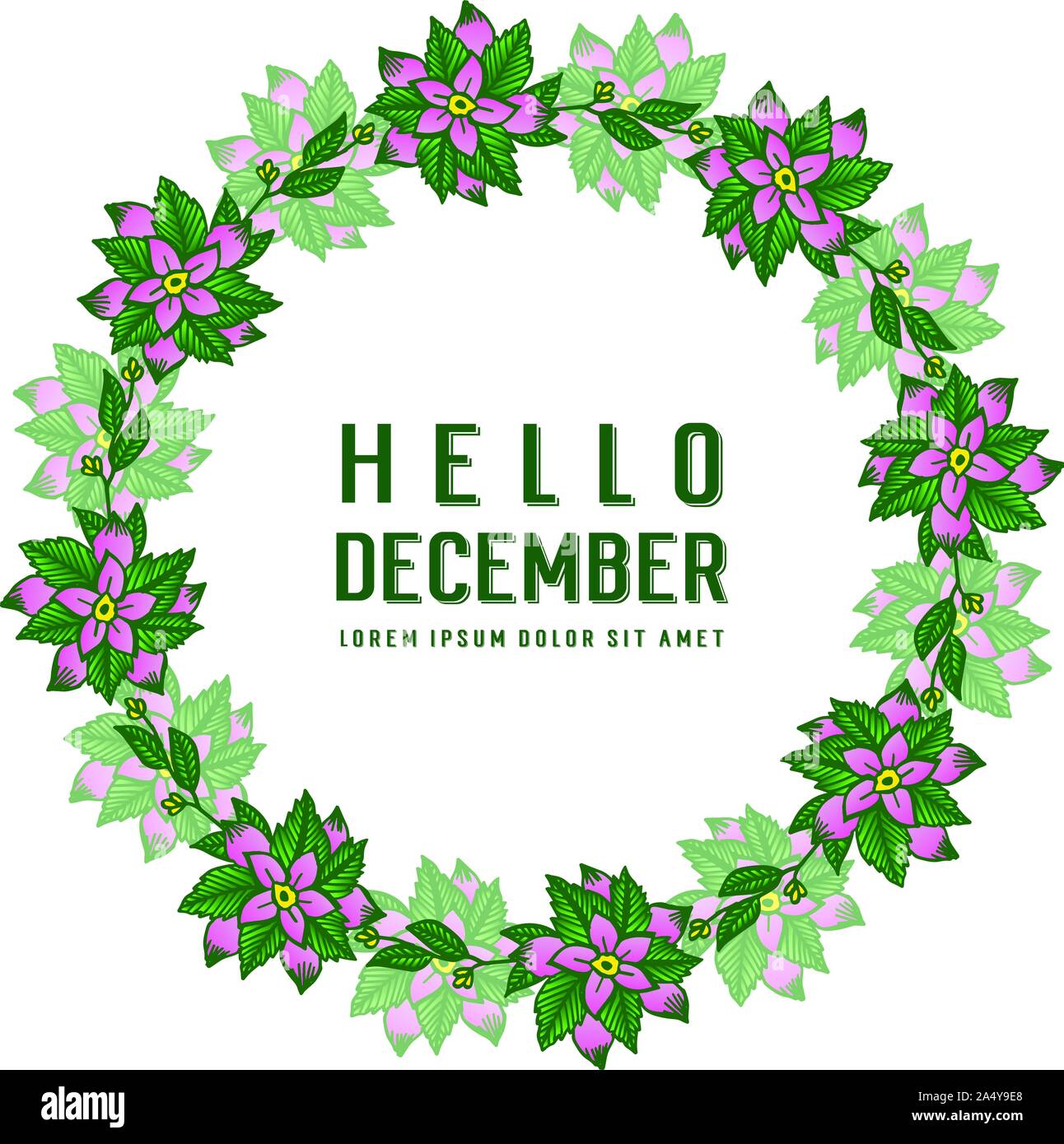 Lettering text hello december, with elegant green leafy flower frame ...