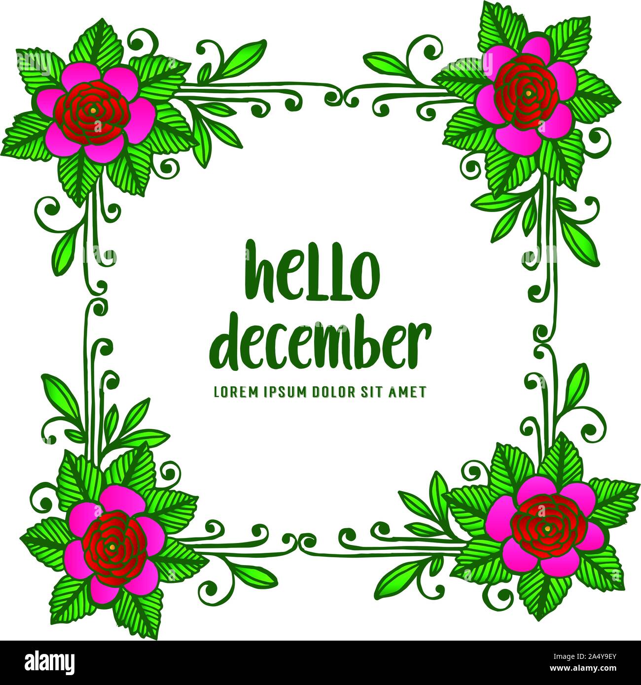 Modern greeting card hello december, with motif of leaf wreath frame ...