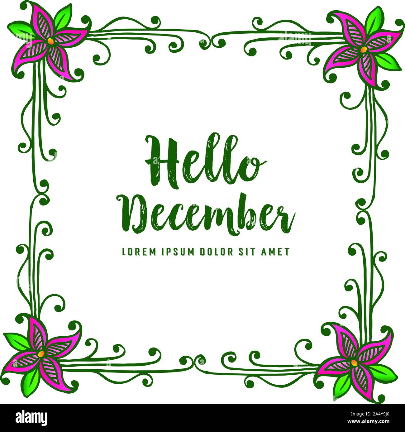 Modern greeting card hello december, with motif of leaf wreath frame ...
