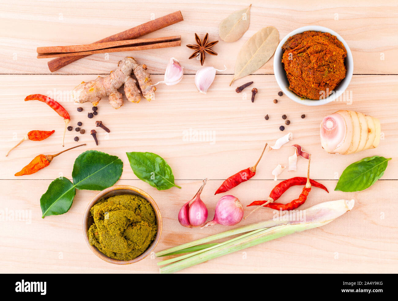 Assortment of Thai food Cooking ingredients and Paste of thai popular ...