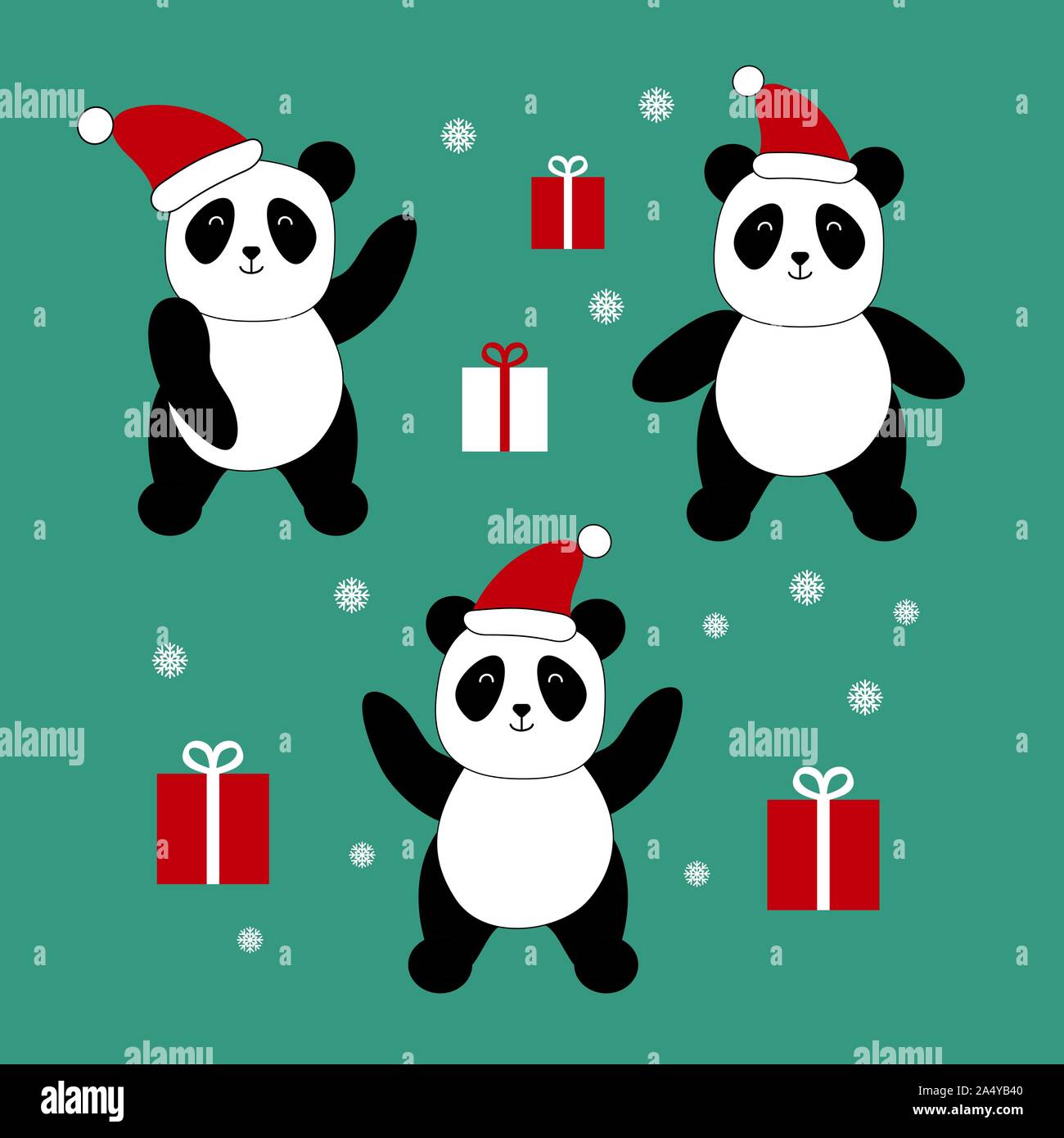 Christmas set of three cute panda bears. Cartoon animals with presents ...