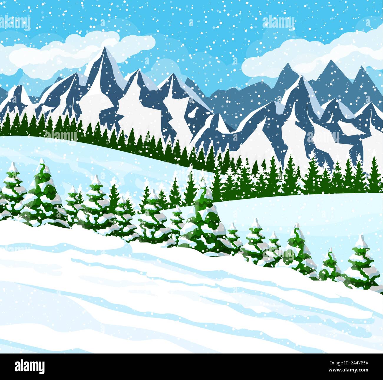 Winter christmas background. Pine tree wood and snow. Winter landscape ...