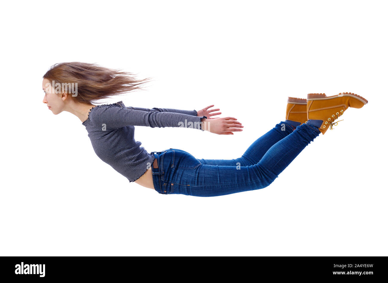 Side view of woman in zero gravity or a fall. girl is flying, falling ...