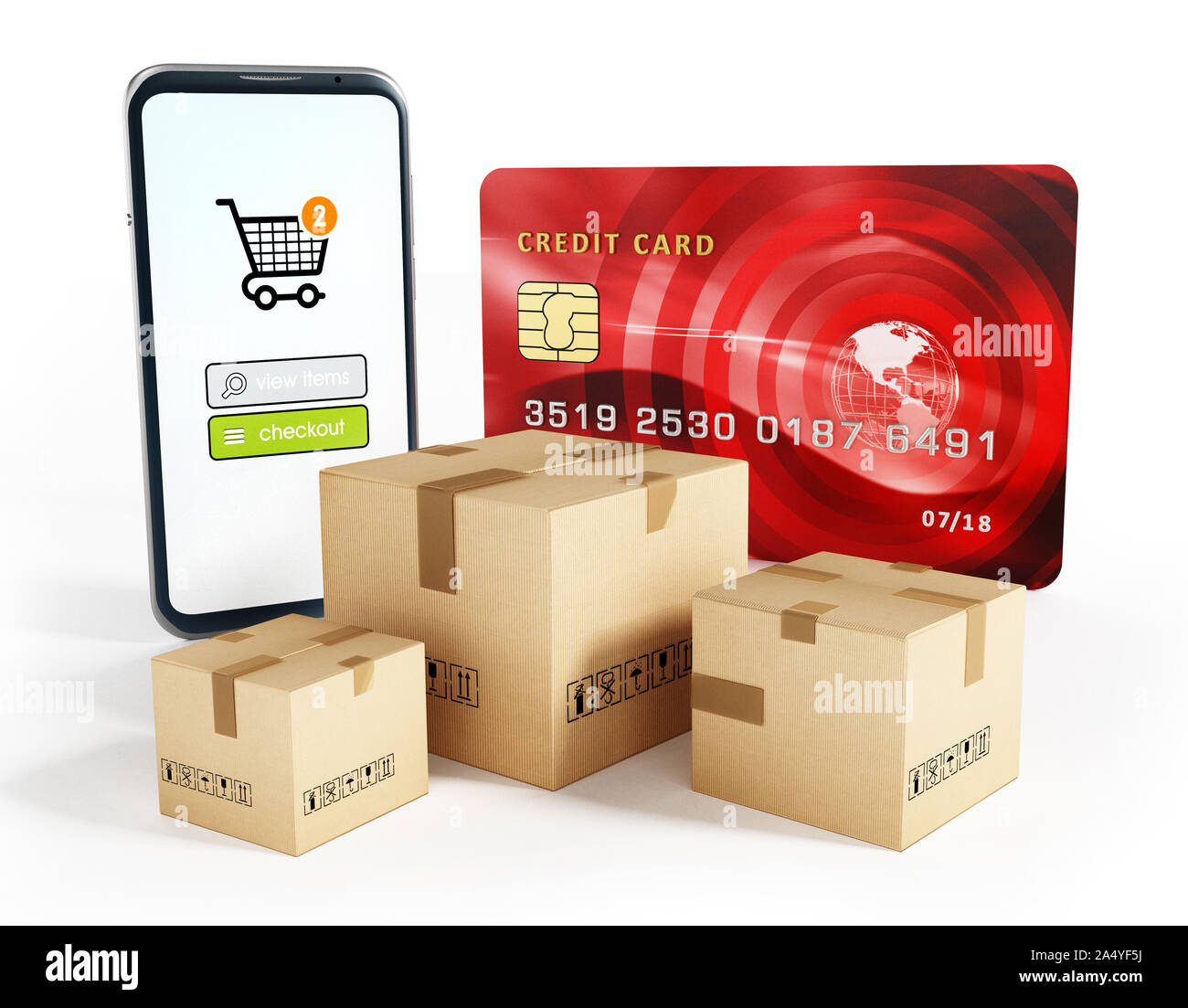 Smartphone, cargo boxes and credit card isolated on white background ...