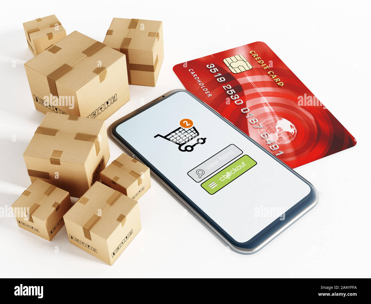 Smartphone, cargo boxes and credit card isolated on white background ...